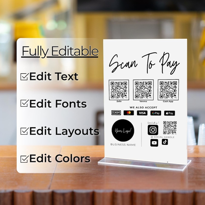 Payment Sign Editable Zelle Cash App Sign Scan to Pay Template Qr Code ...