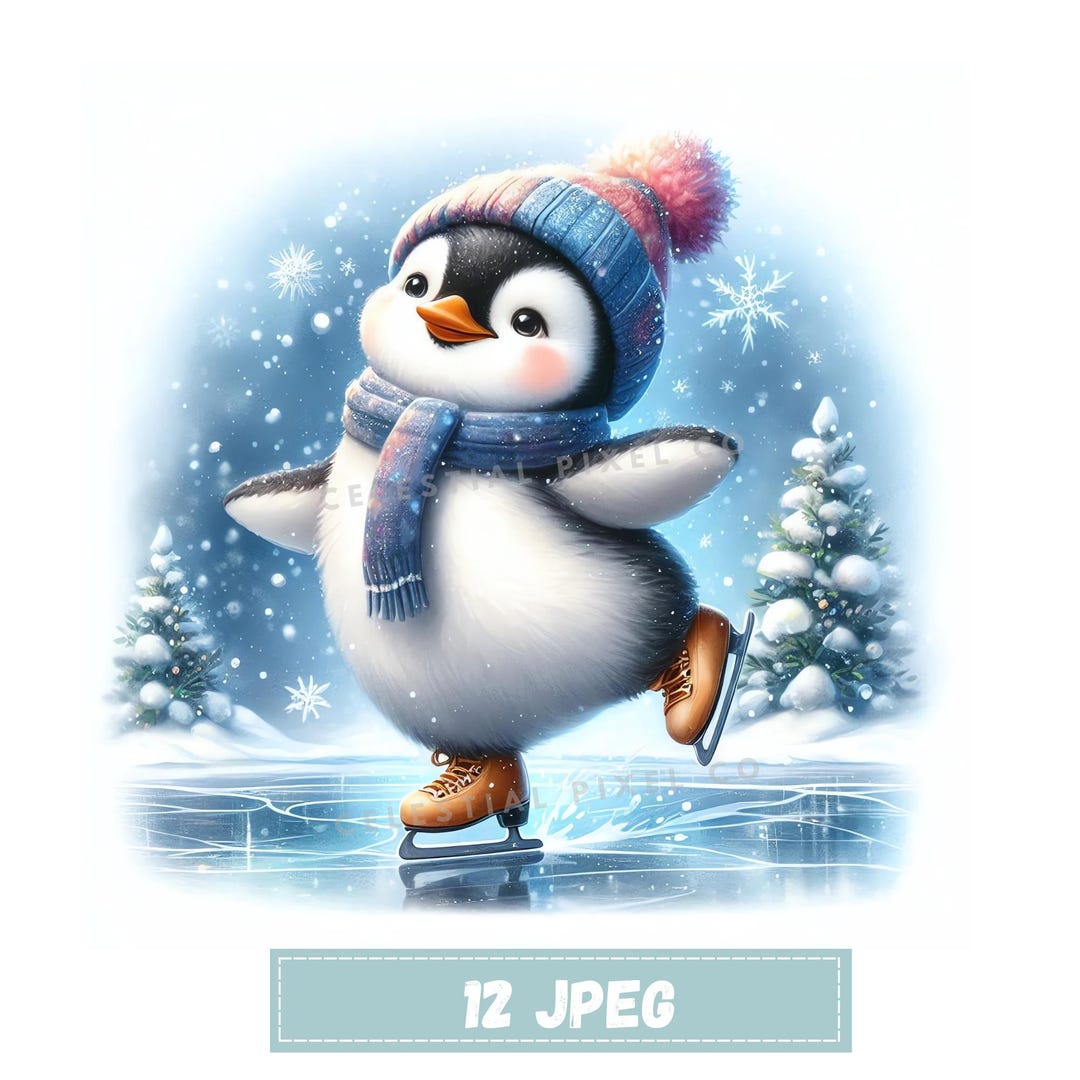 12 Penguin Skating Clipart, Christmas Winter Jpeg, Snowy Crafts and ...