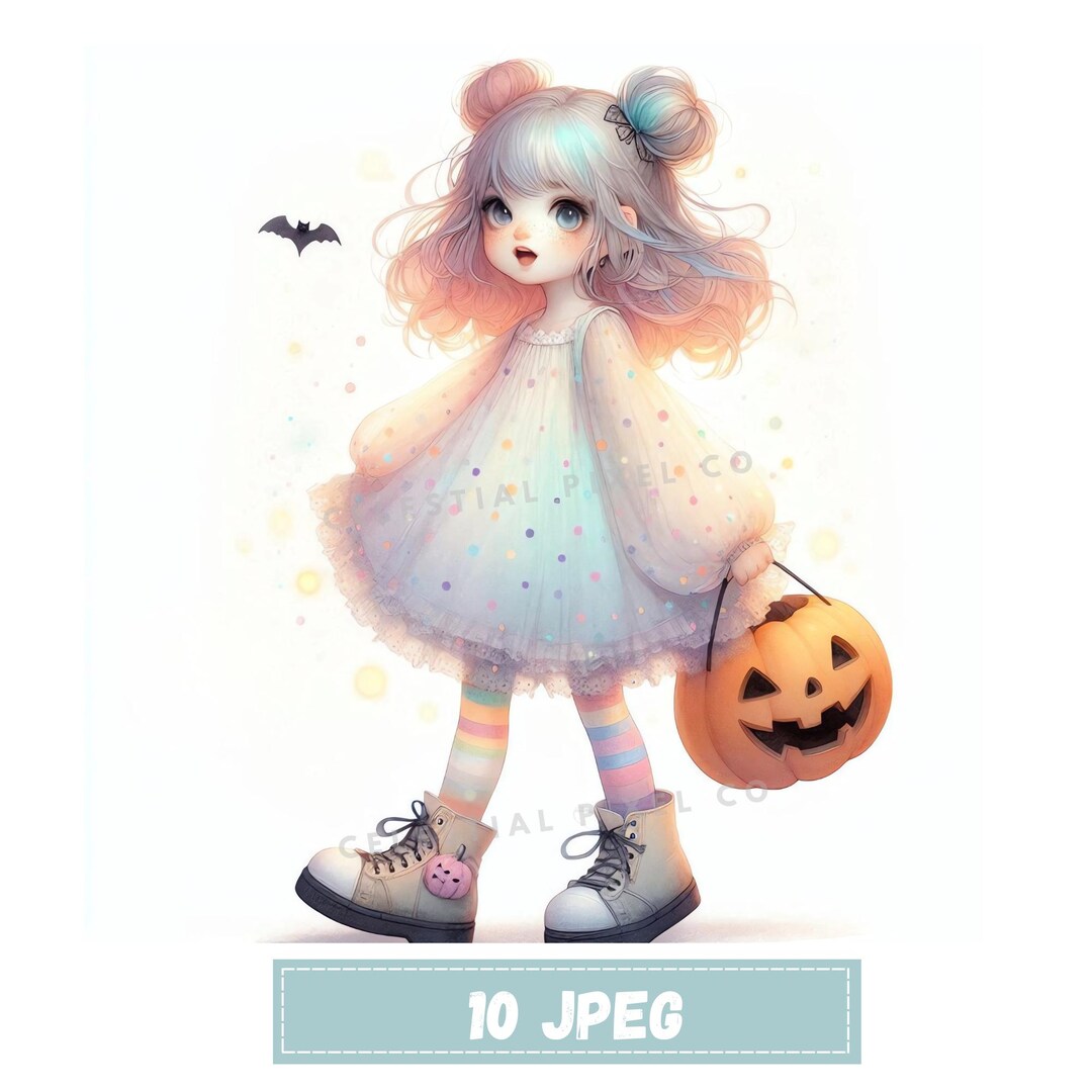 10 Pastel Halloween Girl Clipart, Cute Kawaii Watercolor Character ...