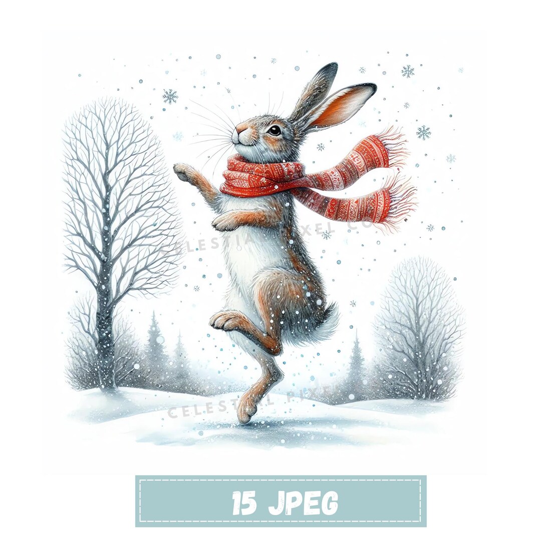15 Snow Hare Clipart Dancing Winter Rabbit Illustration Digital ...