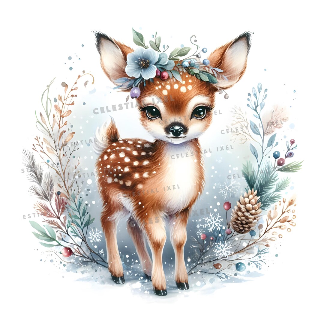 10 Fawn Christmas Clipart Winter Boho JPEG, Cute Woodland Animal ...