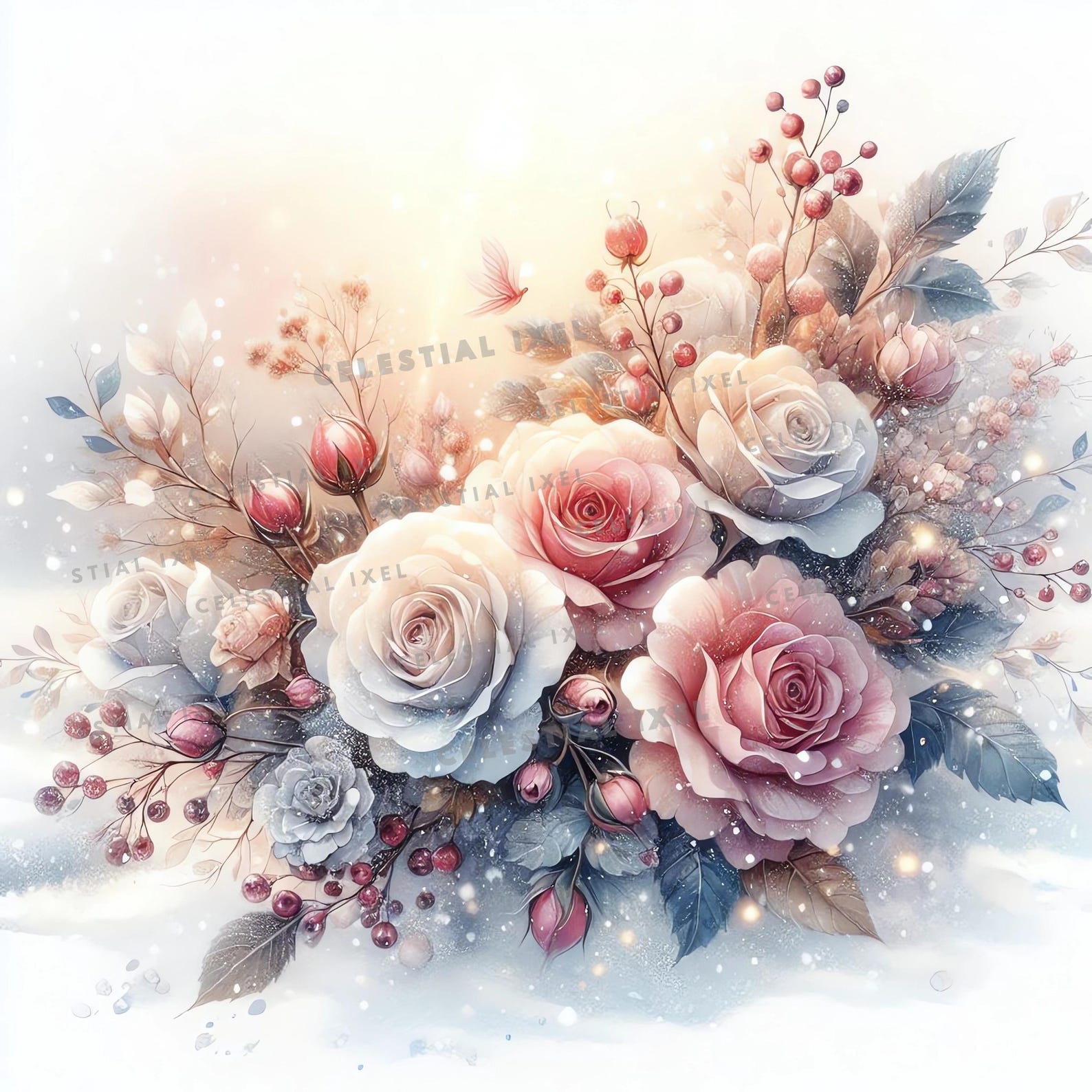 12 Winter Flower Clipart Bundle JPEG, Roses Snowy, Frosty Floral ...