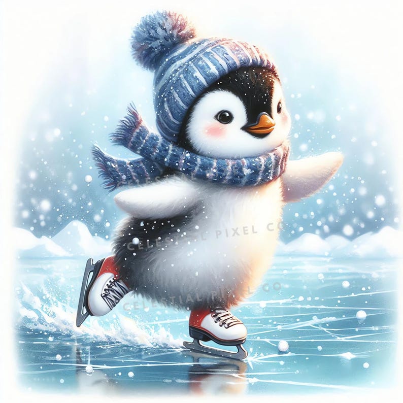 12 Penguin Skating Clipart, Christmas Winter Jpeg, Snowy Crafts and ...
