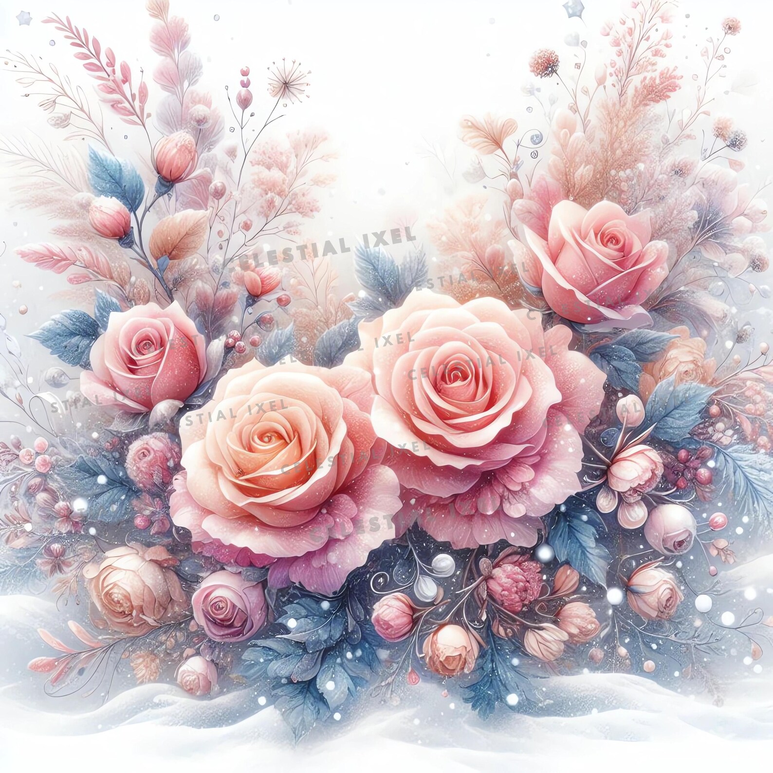 12 Winter Flower Clipart Bundle JPEG, Roses Snowy, Frosty Floral ...