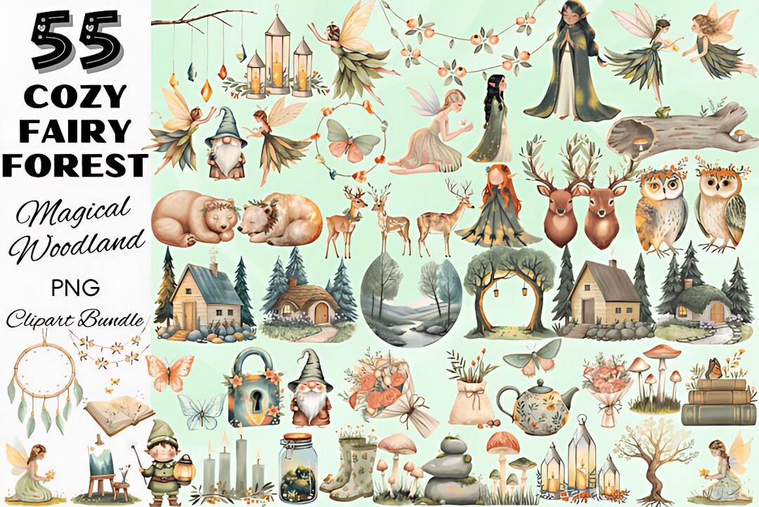 Cozy Woodland Fairy Forest Clipart Set, Fairy Clipart, Enchanted Forest ...