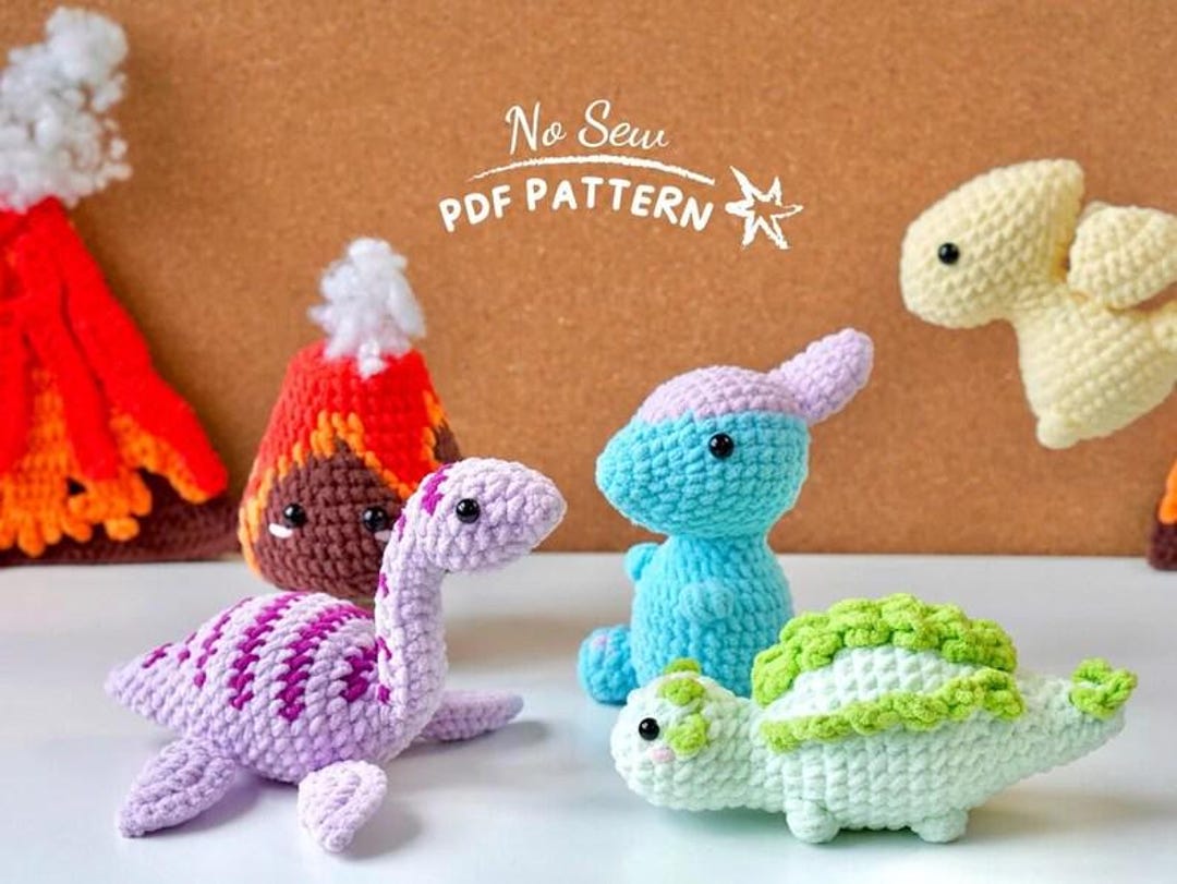 NO SEW Dinosaur Crochet Pattern Bundle – 4 Amigurumi Dino + Volcano ...