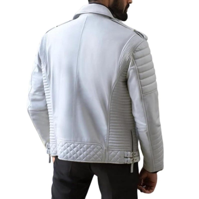Men’s White Leather Biker Jacket With Quilted Panels, Moto-style ...