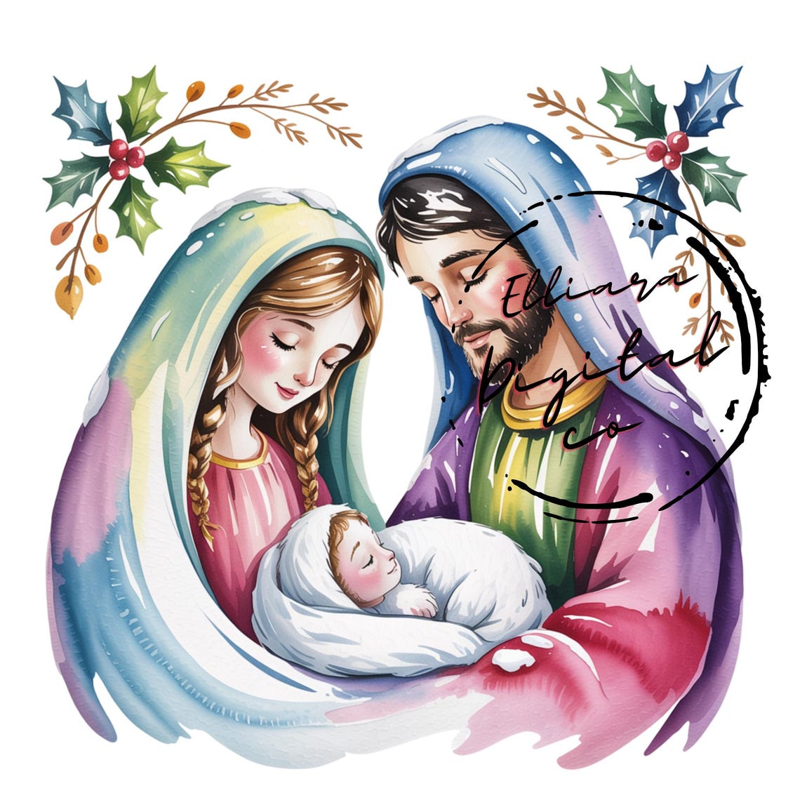 5 Holy Family Nativity Clipart PNG Bundle | Watercolor Christmas Manger ...