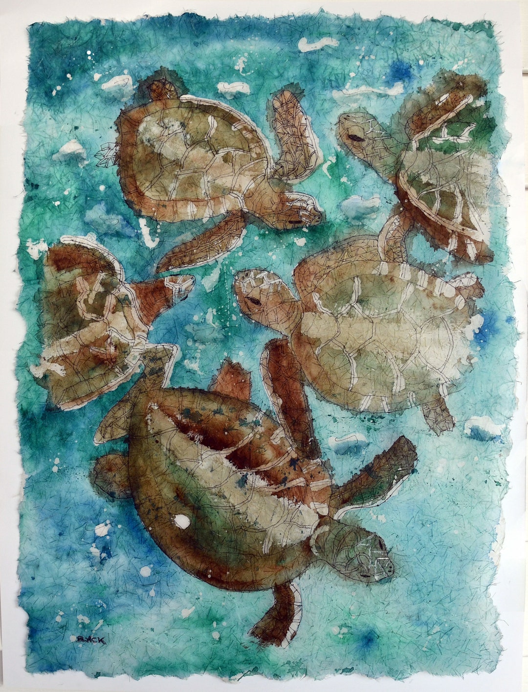Batik Turtle Watercolor Painting on Rice Paper: Ocean Art Print - Etsy
