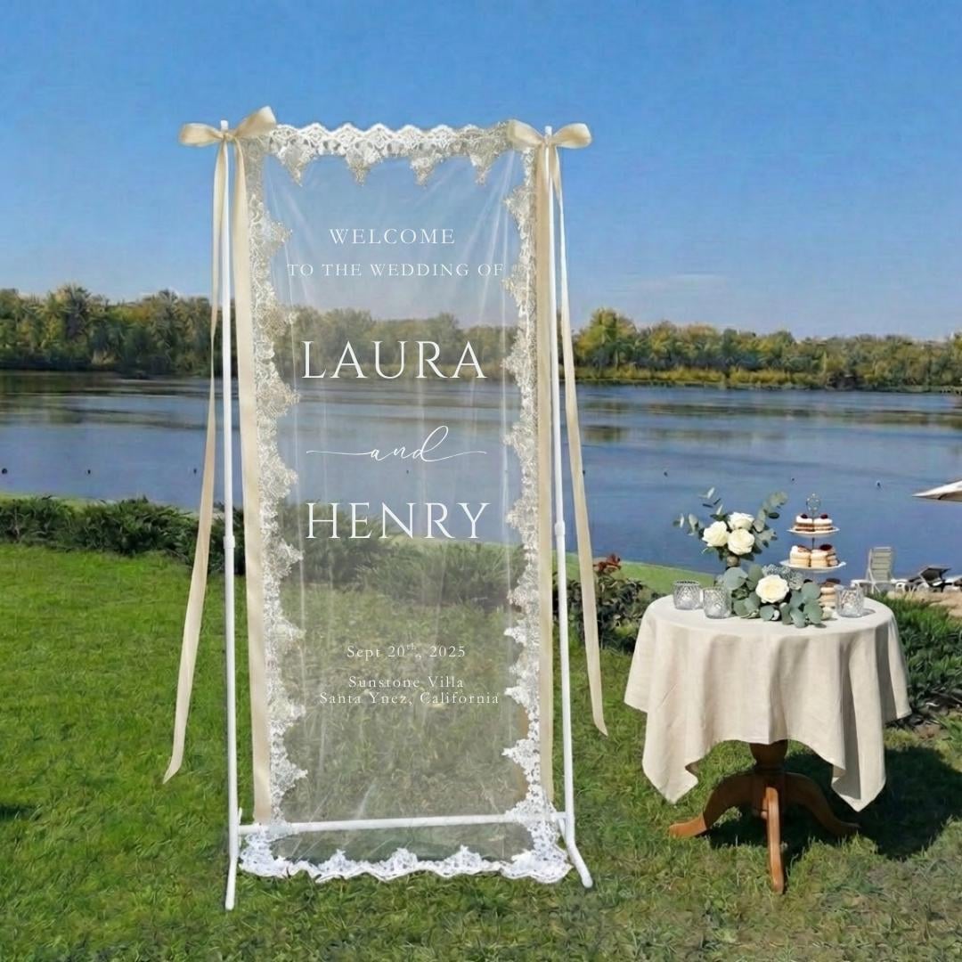 Old Money Sheer Lace Wedding Welcome Sign With Stand, Timeless Romantic ...