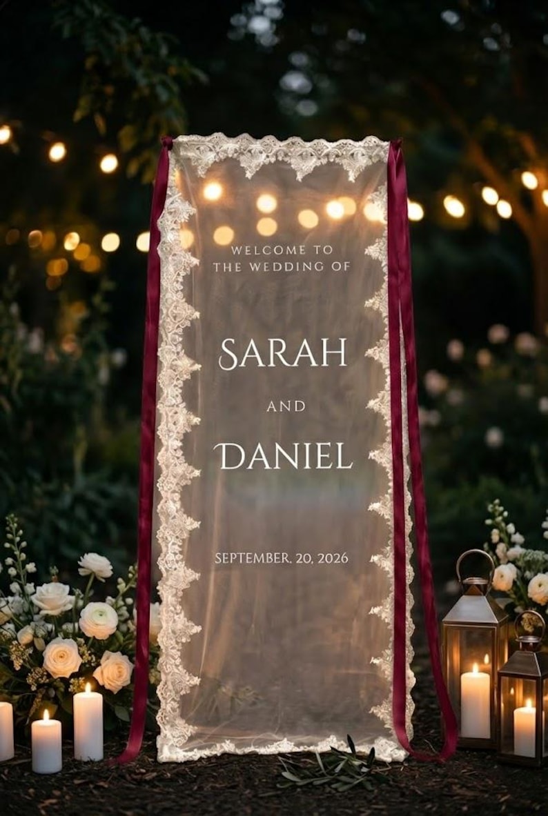 Old Money Sheer Lace Wedding Welcome Sign With Stand, Timeless Romantic ...