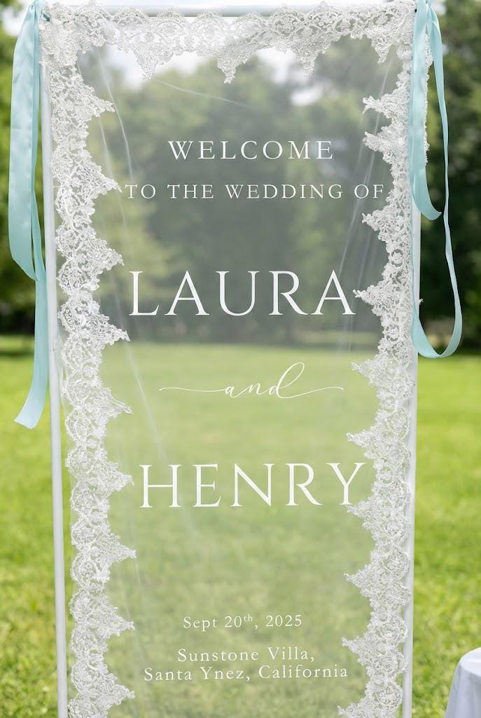 Sheer Lace Wedding Welcome Sign With Stand, Romantic Tulle Fabric ...