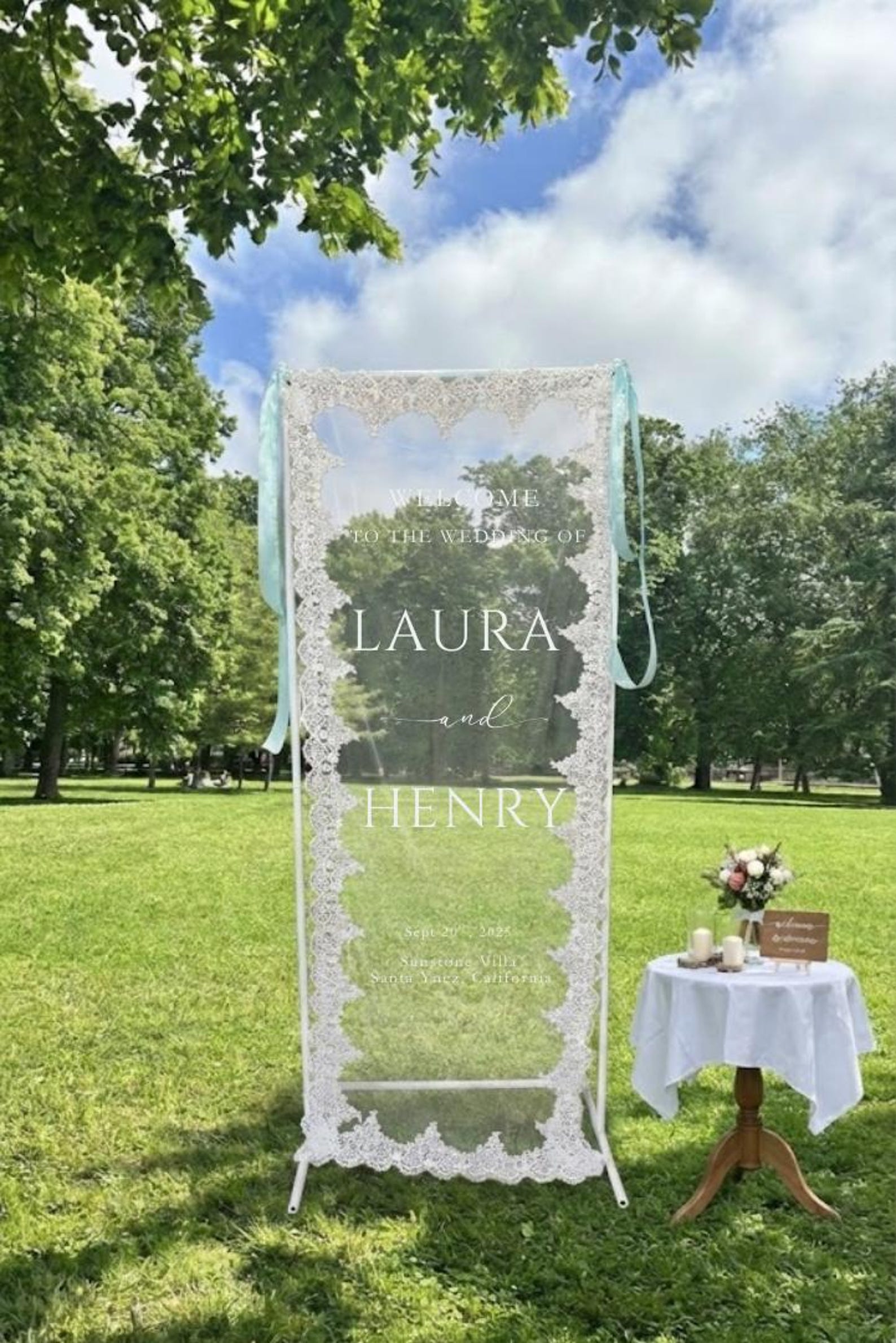 Sheer Lace Wedding Welcome Sign With Stand, Romantic Tulle Fabric ...