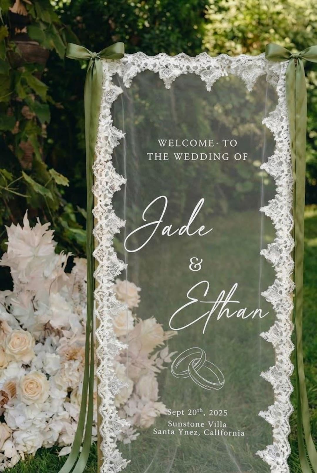 Sheer Lace Wedding Welcome Sign With Stand – Elegant Tulle Ceremony ...