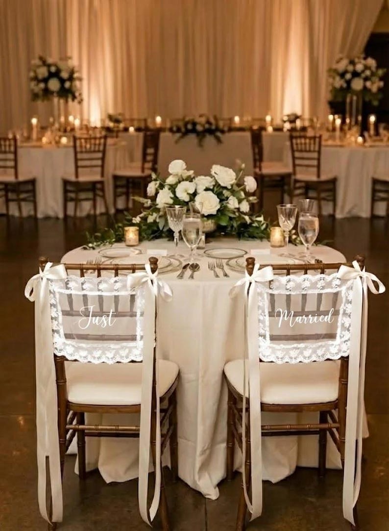 Just Married Lace Chair Signs for Wedding Ceremony, Bride & Groom Chair ...