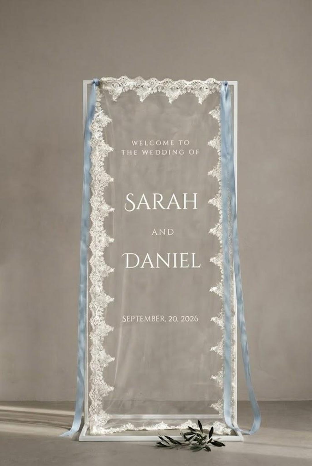 Sheer Lace Wedding Welcome Sign With Stand, Romantic Tulle Fabric ...