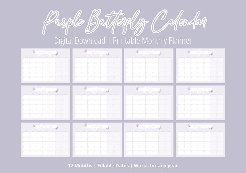Purple Butterfly Calendar | Digital Download | Printable Monthly ...
