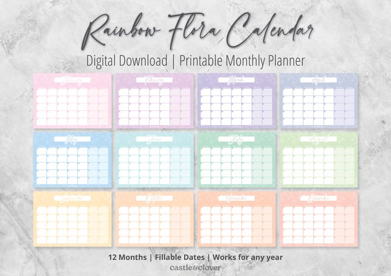 Fillable Rainbow Flora Calendar | Digital Download | Printable Calendar ...