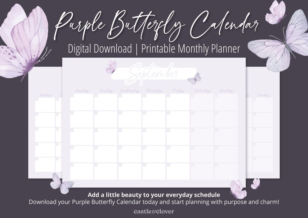 Purple Butterfly Calendar | Digital Download | Printable Monthly ...