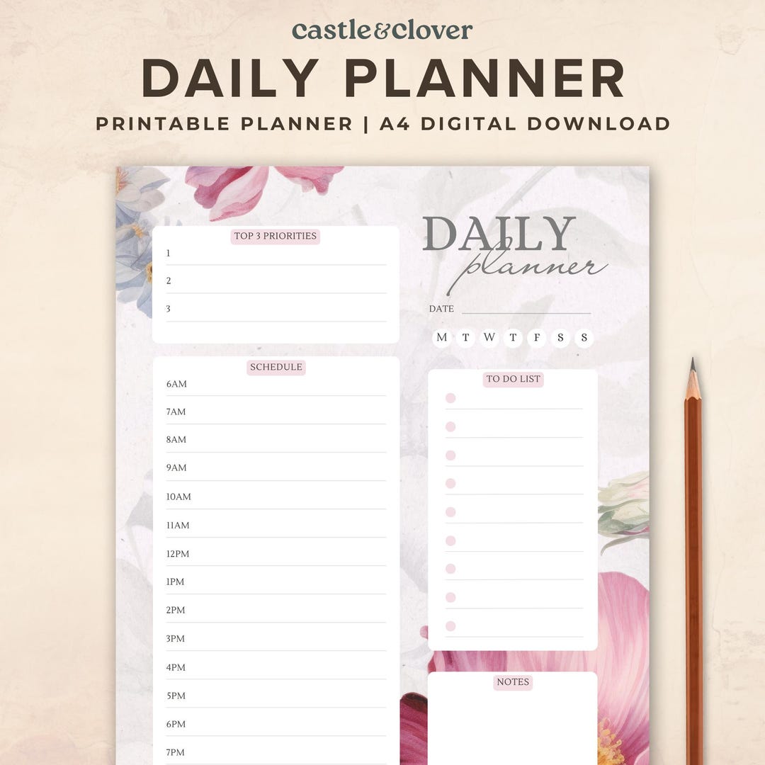 Blush Pink Floral Daily Planner Printable: To-do List, Hourly Schedule ...