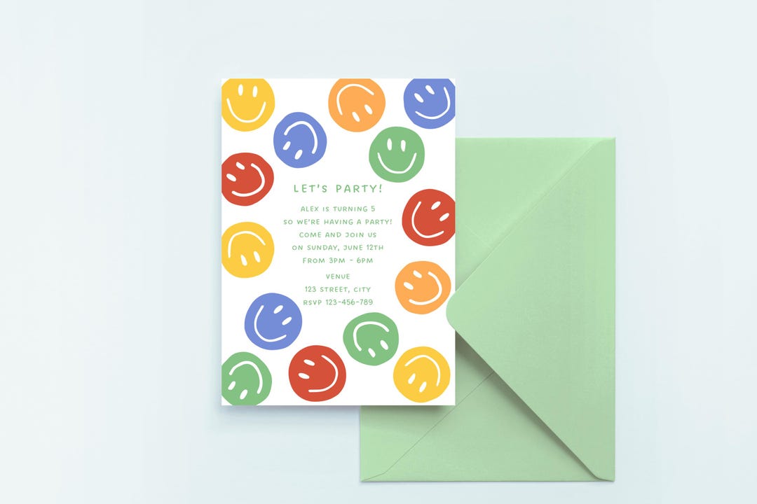 Colorful Smiley Face Birthday Invitation | Editable Canva Template ...