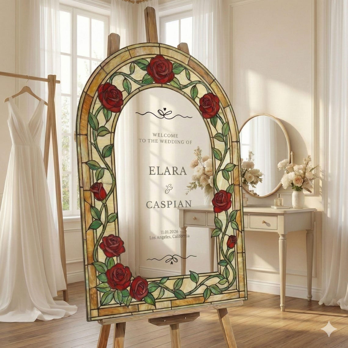 Custom Arch Stained Glass Welcome Sign, Rose & Lavender Mirror Acrylic ...
