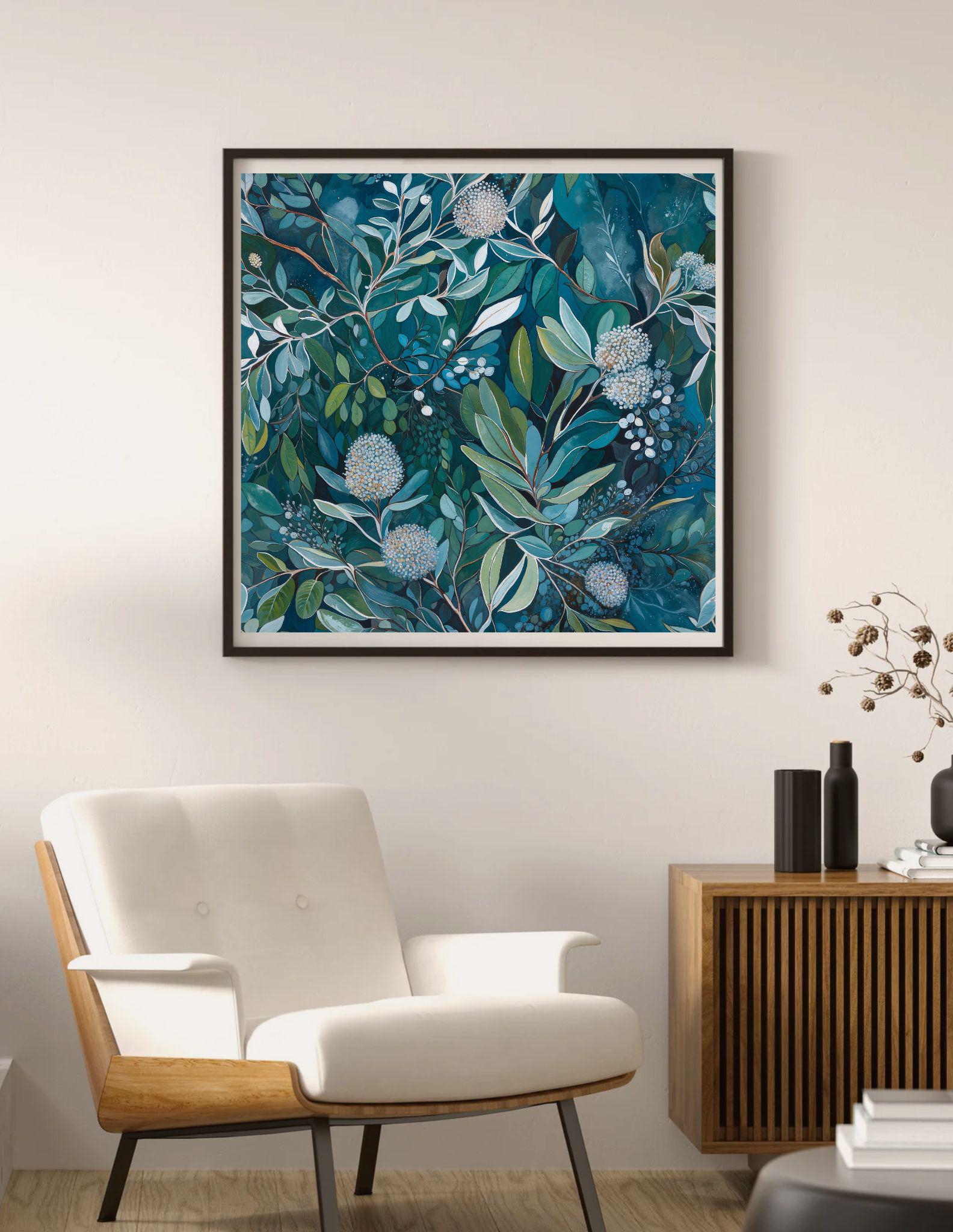 Printable Abstract Floral Art Print, Native Leaf and Flowers, Blue ...