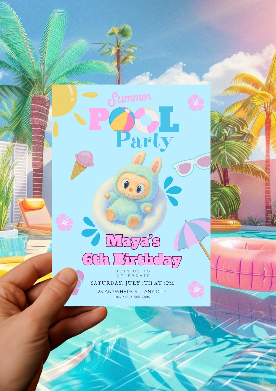 Labubu Pool Birthday Invitation, DIY Labubu Birthday Invite, Labubu ...