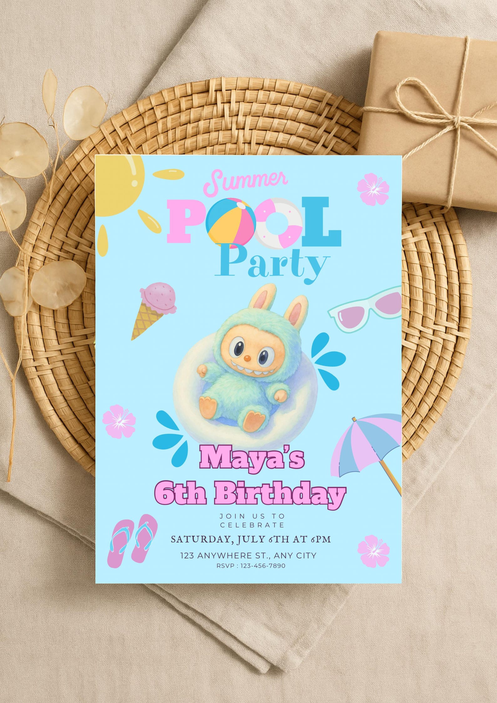 Labubu Pool Birthday Invitation, DIY Labubu Birthday Invite, Labubu ...