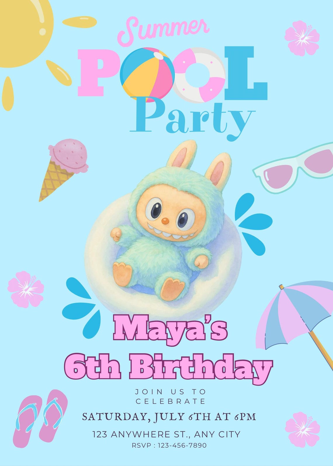 Labubu Pool Birthday Invitation, DIY Labubu Birthday Invite, Labubu ...