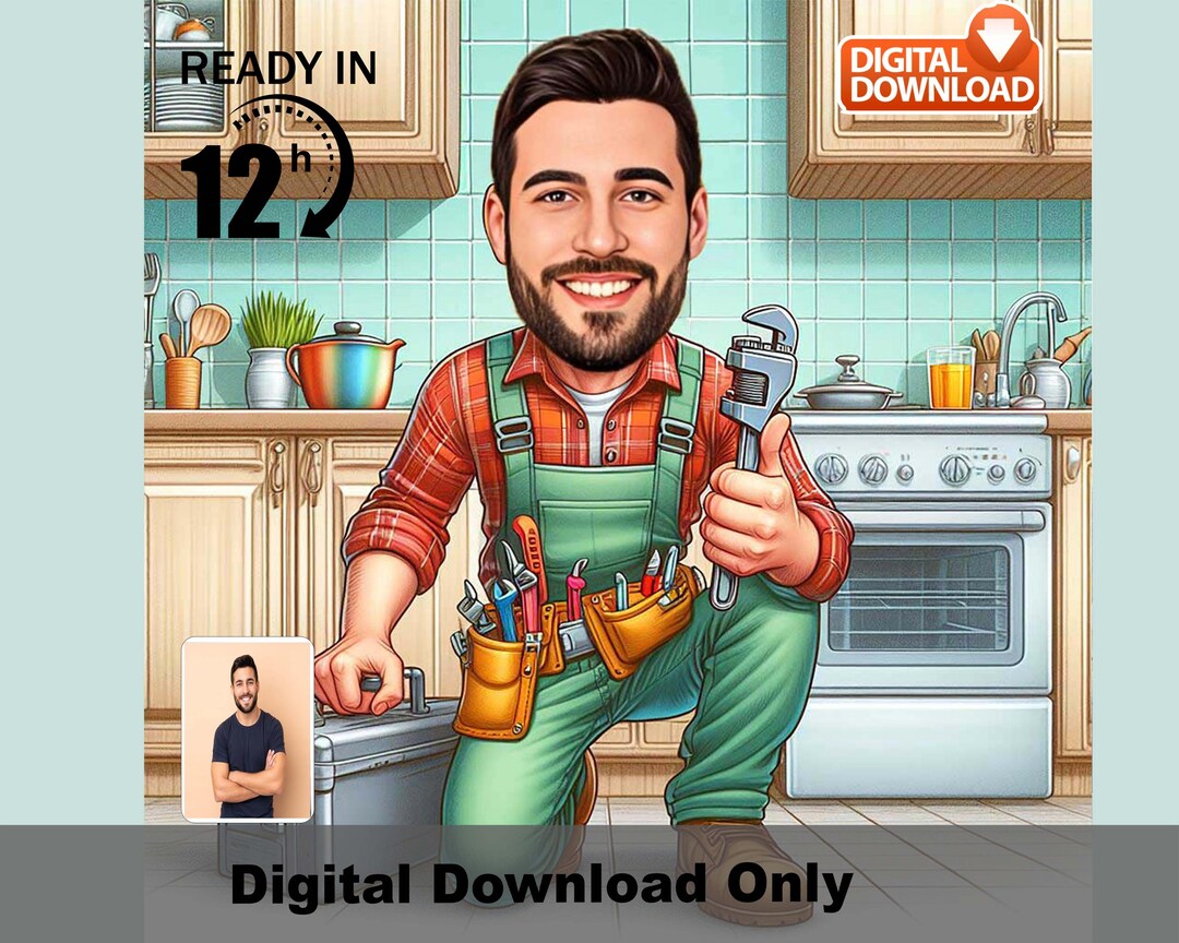 Custom Male Plumber Caricature From Photo - Custom Plumbing Portrait ...