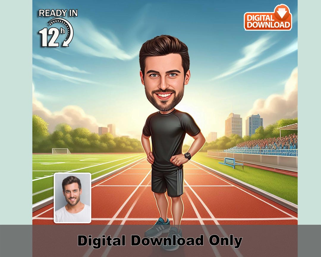 Custom Man Running Track Caricature, Cartoon Photo Art, Athlete ...