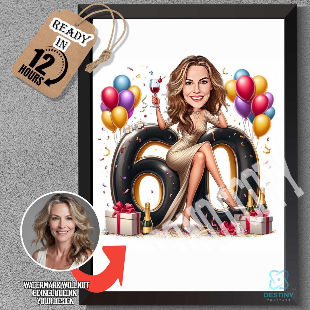 60th Birthday Caricature From Photo, Cartoon Woman in Beige Dress , 60th Birthday Cartoon ...