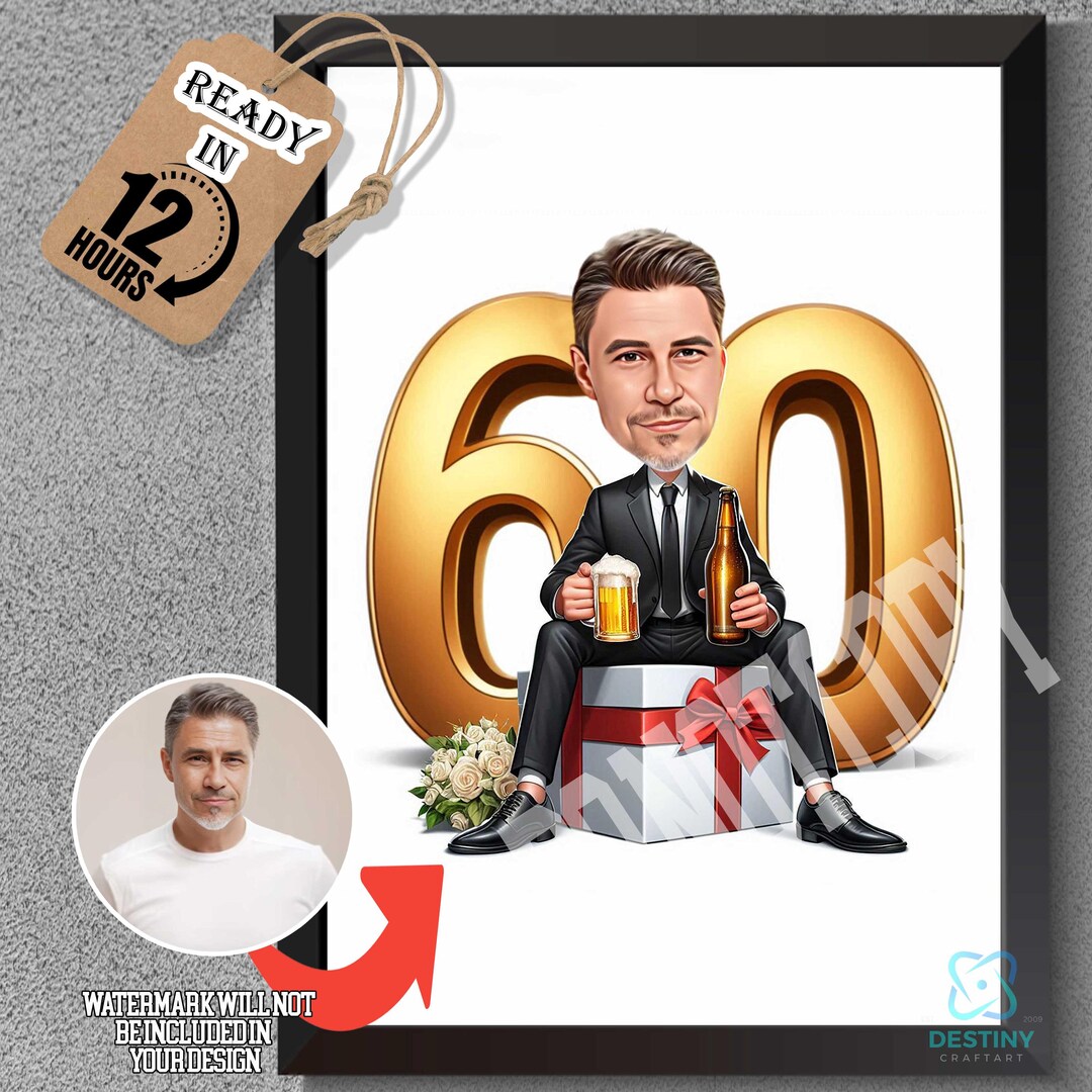 60th Birthday Caricature for With Black Suit , Custom Cartoon Portrait ...