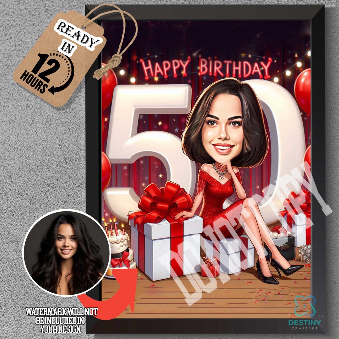 50th Birthday Caricature From Photo, Cartoon Woman in Red Dress, Custom ...