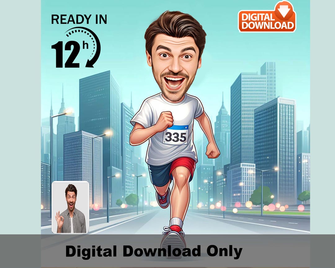 Custom Male Runner Caricature, Personalized Running Cartoon Gift ...