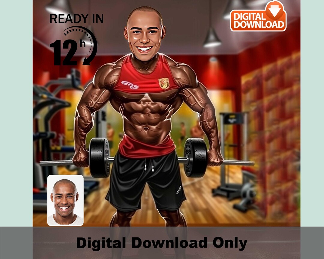 Custom Male Bodybuilder Caricature – Custom Dumbbell Workout Portrait ...
