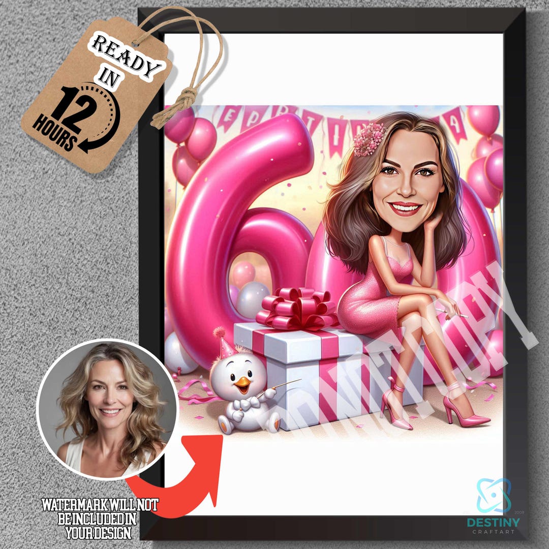 60th Birthday Caricature From Photo, Cartoon Woman Dress , 60th ...