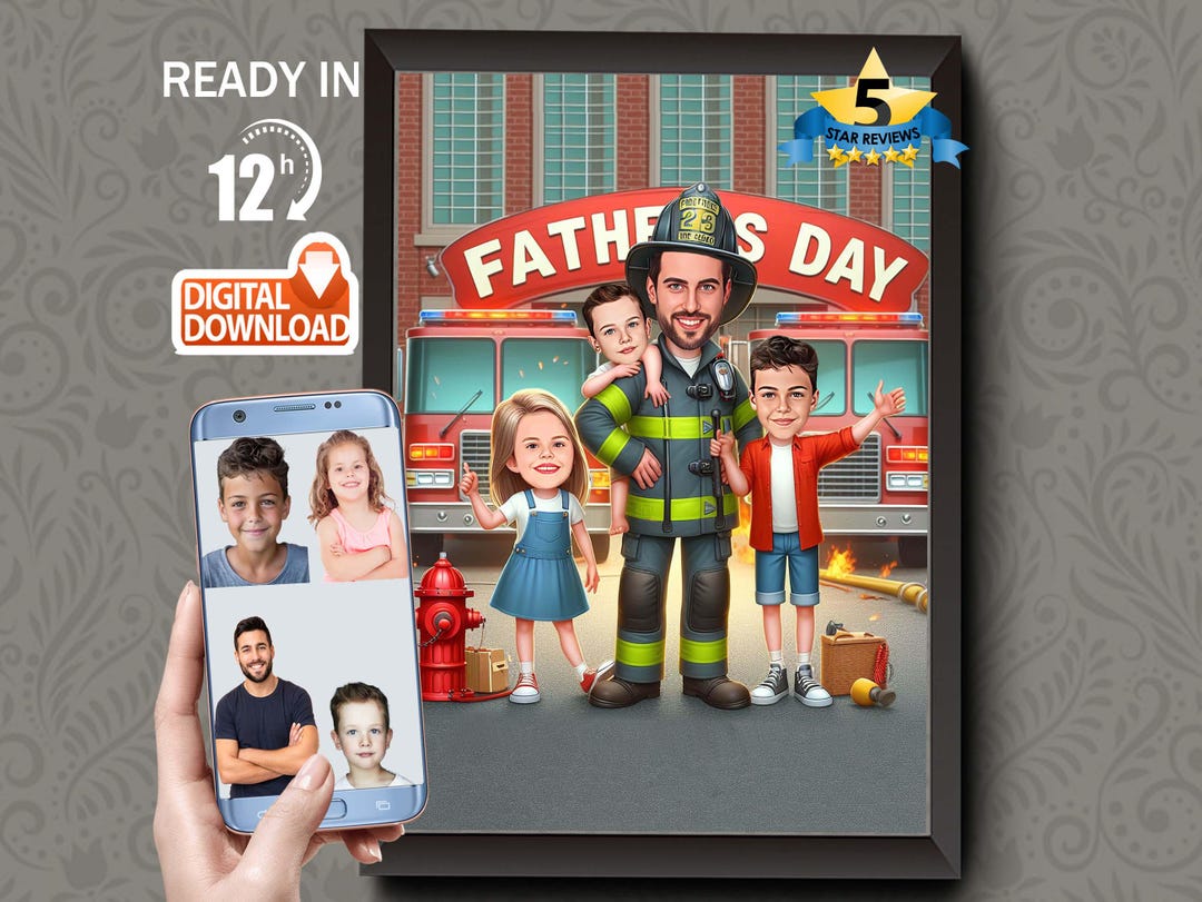 Custom Firefighter Dad and Son Cartoon Portrait, Funny Firefighter Dad ...