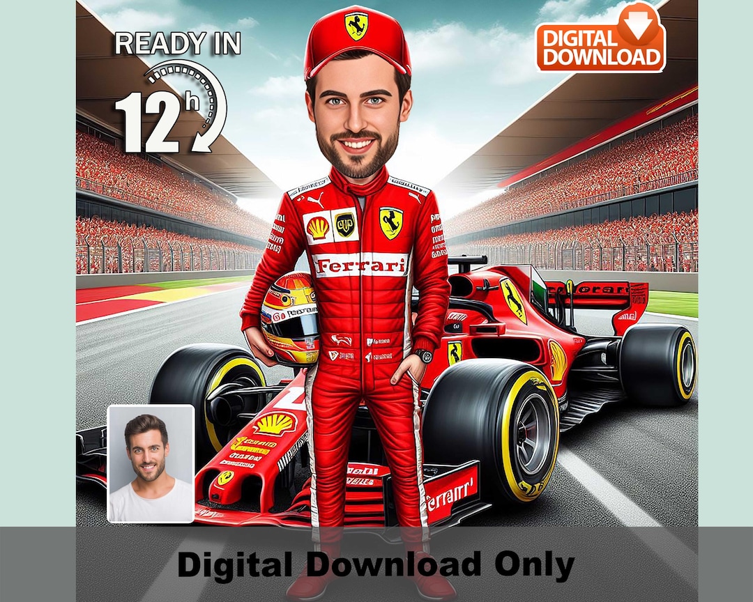 Custom Male Ferrari Car Racer Caricature From Photo – Racing Portrait ...
