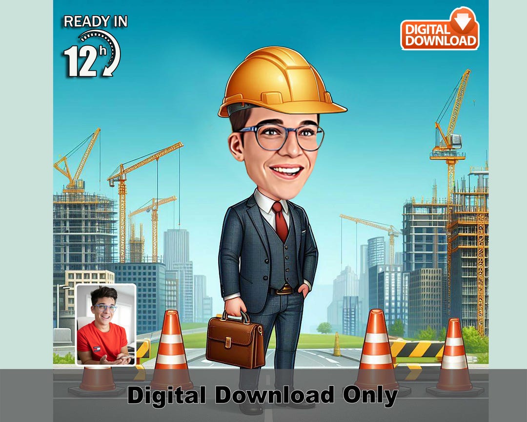 Construction Engineer Caricature With Hat and Bag – Custom Digital ...