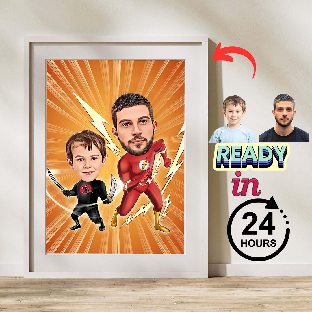 Custom Dad and Son Superhero Cartoon Portrait, Superhero Portrait, Gift ...