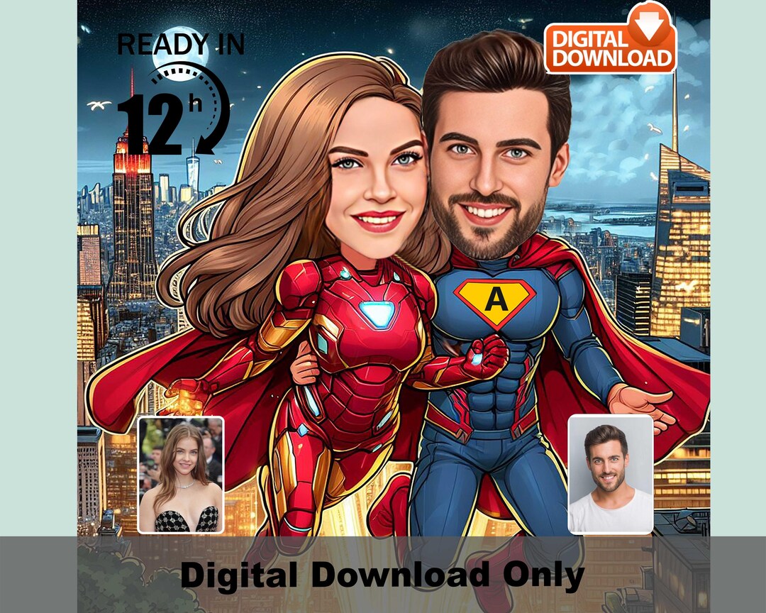 Custom Superhero Couple Caricature - Personalized Heroic Gift - Fun ...
