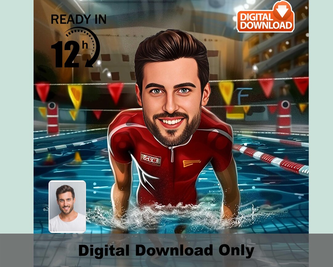 Custom Male Swimmer Caricature – Male Swimming Portrait – Funny Gift ...