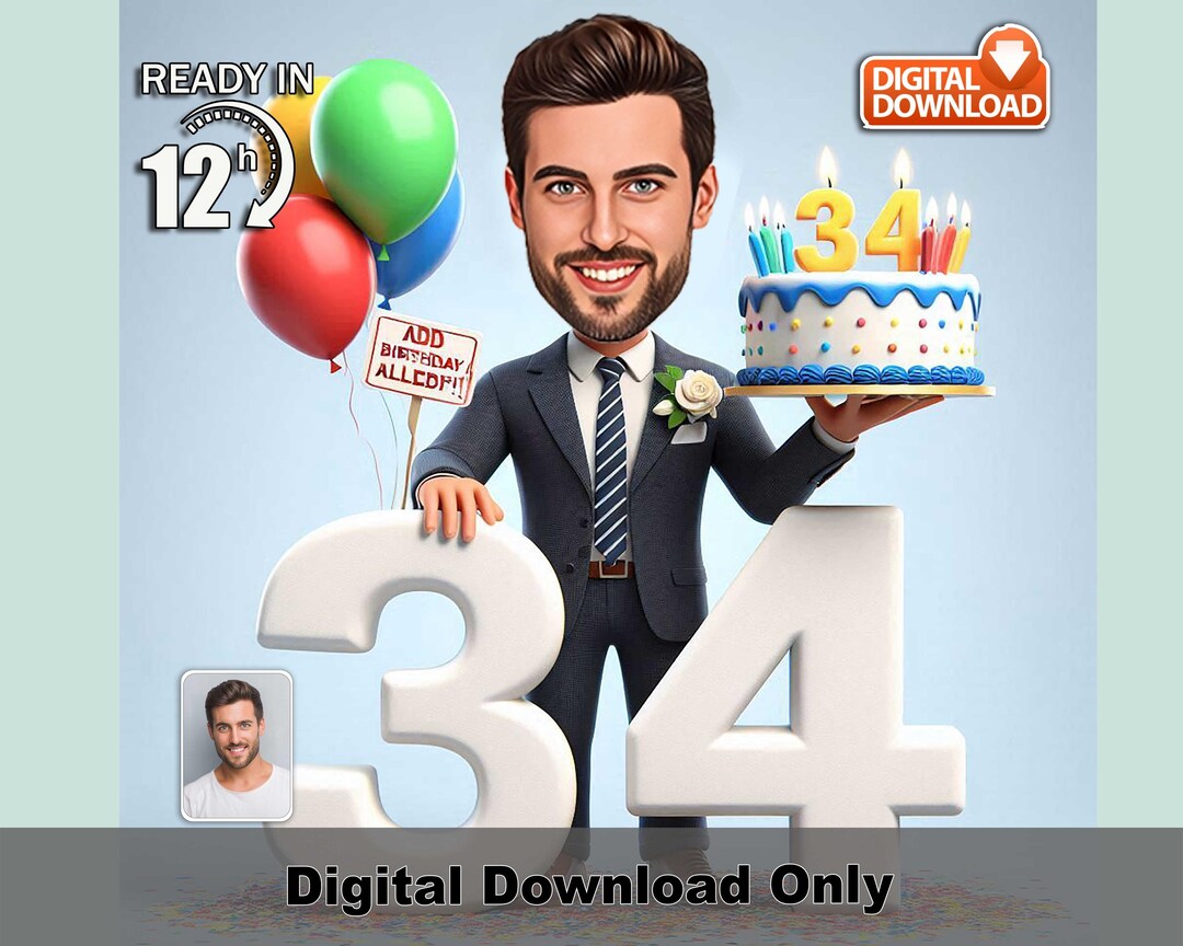 Custom Male Boss 34th Happy Birthday Caricature With Cake, Cartoon ...