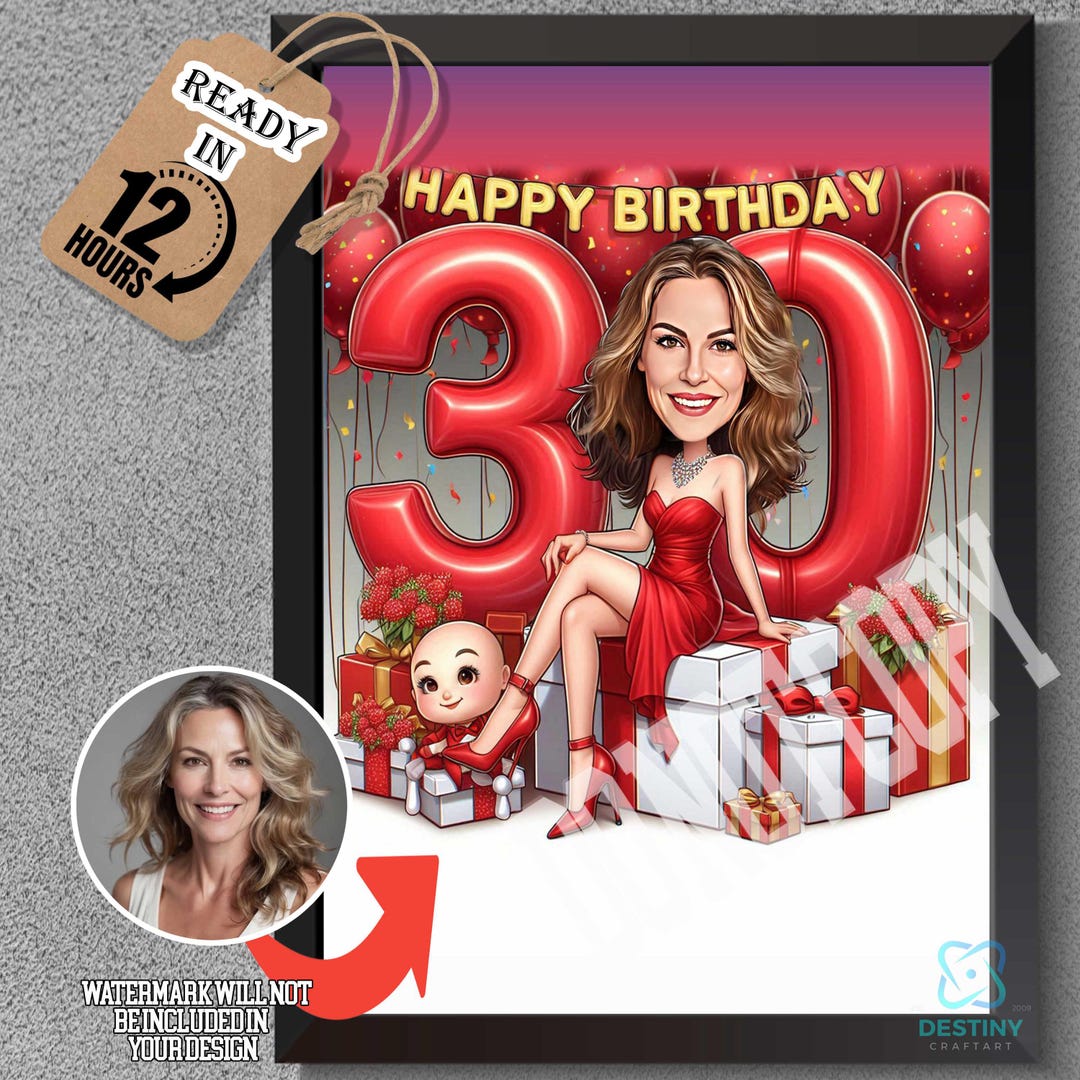 30th Birthday Caricature: Custom Cartoon Portrait for Woman (digital ...