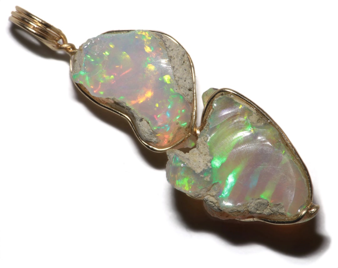 Double Opal Necklace in 14k Gold (15 Tctw) Multi Opal Pendant Rough ...