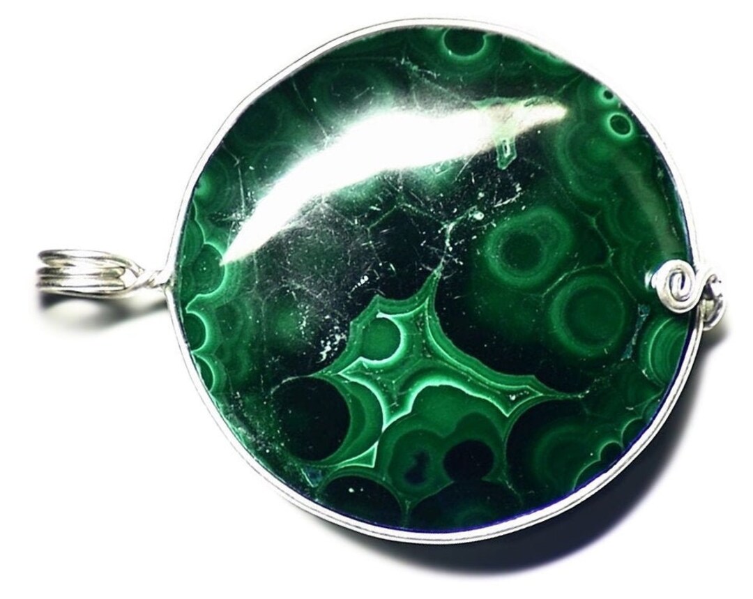 Round Malachite Pendant, Huge Malachite Cab in Silver, Polished ...