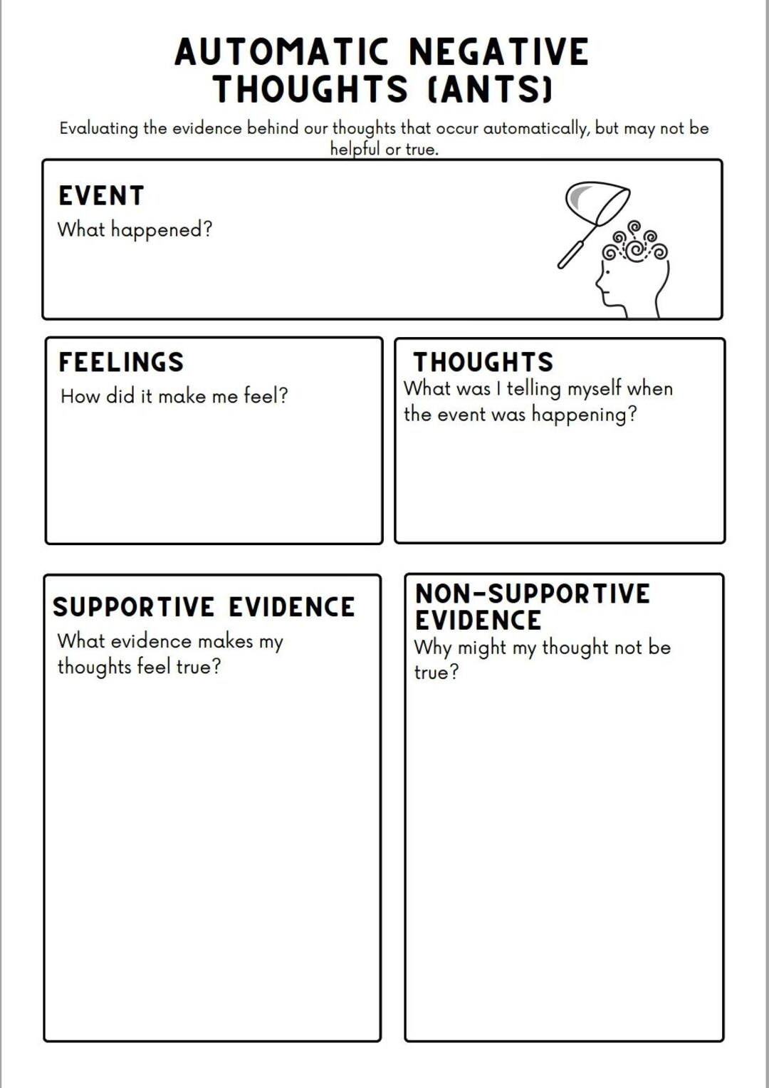 Automatic Negative Thoughts Worksheet - Etsy