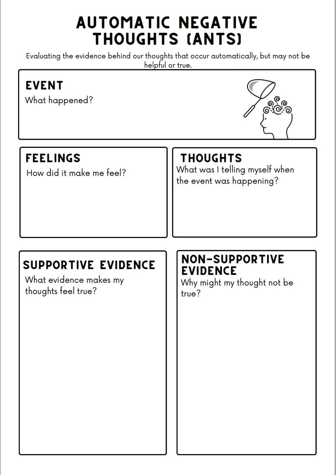 Automatic Negative Thoughts Worksheet - Etsy
